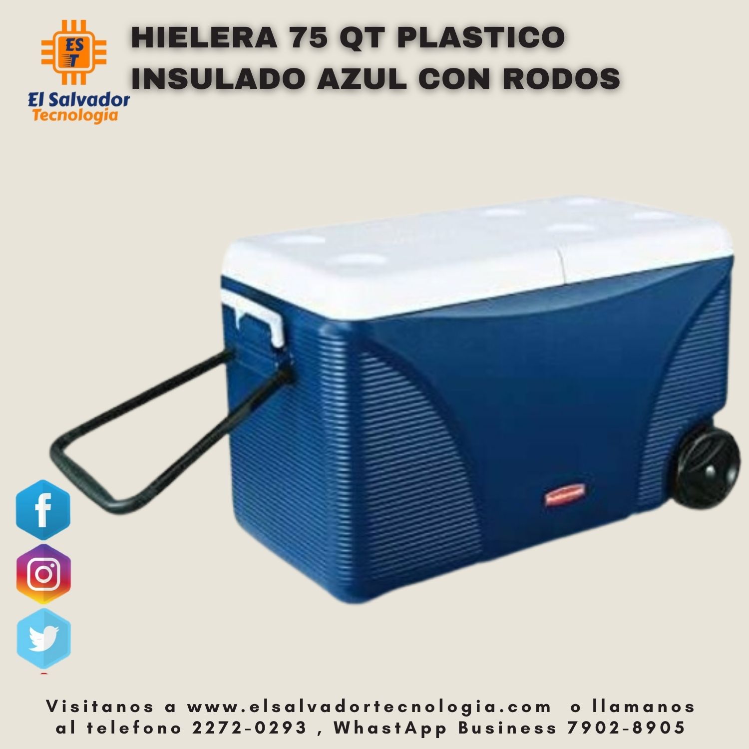 HIELERA 75 QT PLASTICO INSULADO AZUL CON RODOS